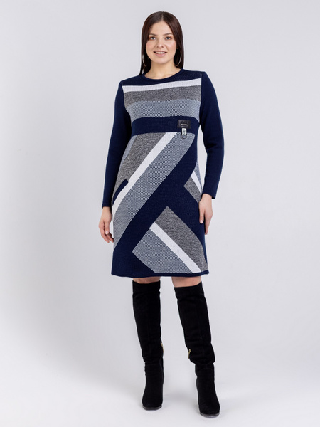 Платье Женский BONADI синий вязаное Повседневный Длинный Трикотаж Нашивки, размер 54 Без ...