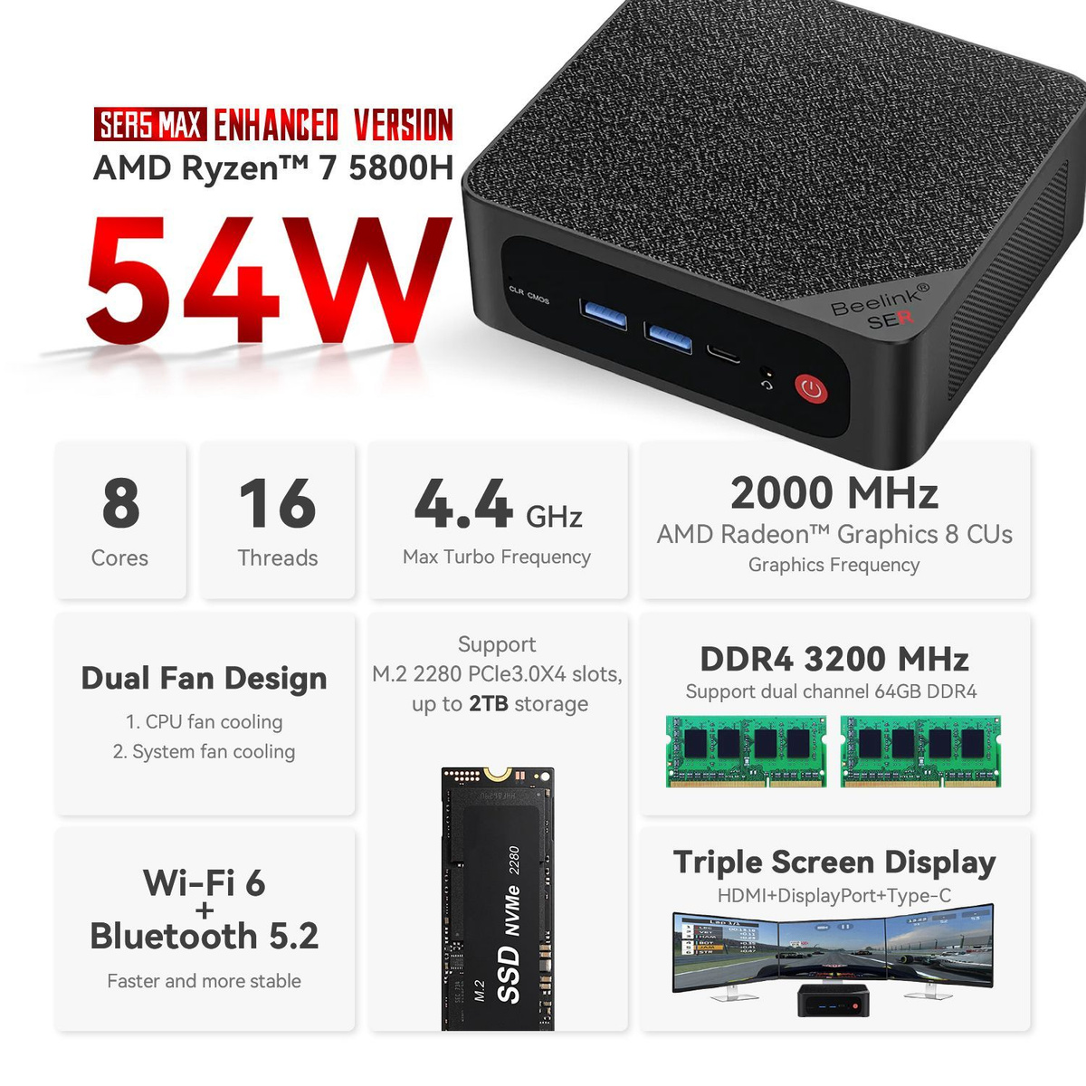 Beelink Мини-ПК SER5 Max (AMD Ryzen 7 5800H, RAM 16 ГБ, SSD 500 ГБ, AMD ...