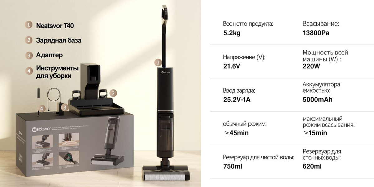 Моющий беспроводной пылесос NEATSVOR T40, сушка горячим воздухом, две ...