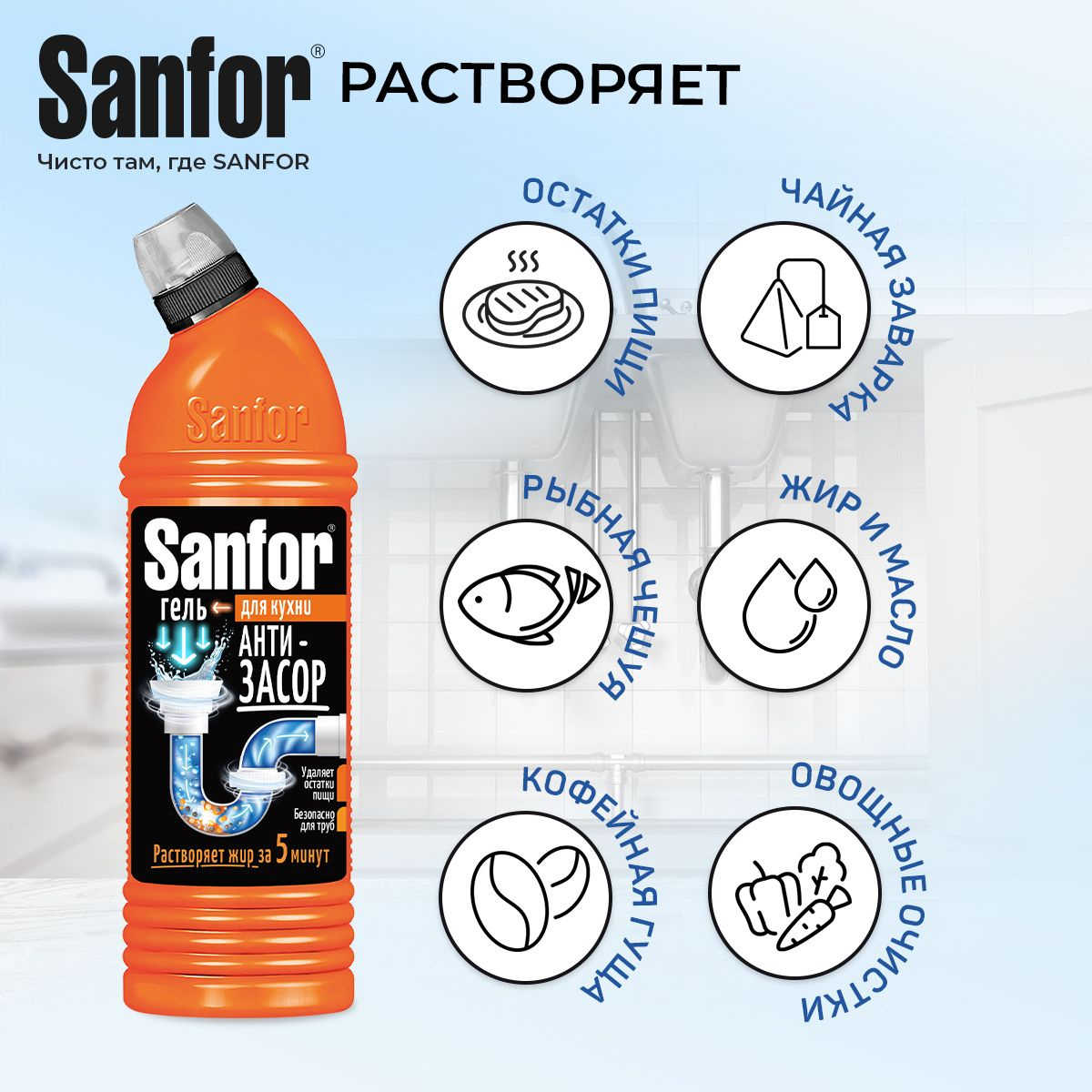 Жидкое чистящее средство гель очиститель антизасор для труб SANFOR "Прочистка труб на кухне", 1л ...