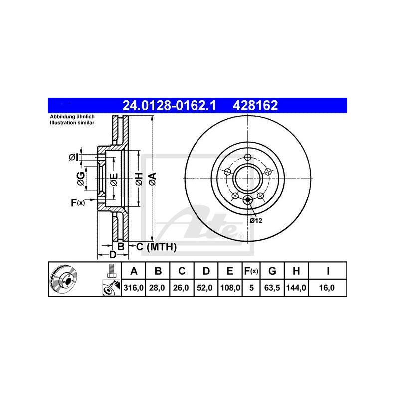 Ate 24.0128-0162.1 Диск тормозной вентилируемый FORD VOLVO LAND ROVER ...