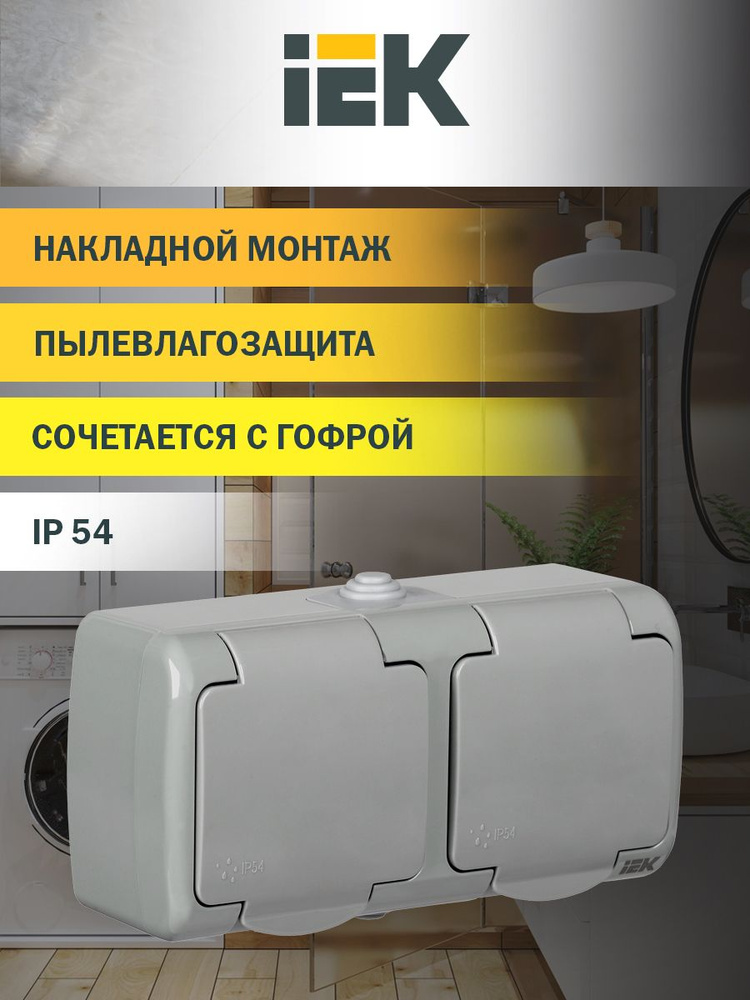 Розетка двухместная для открытой установки РСш22-2-А с заземляющим контактом и крышкой 16А IP54 ...