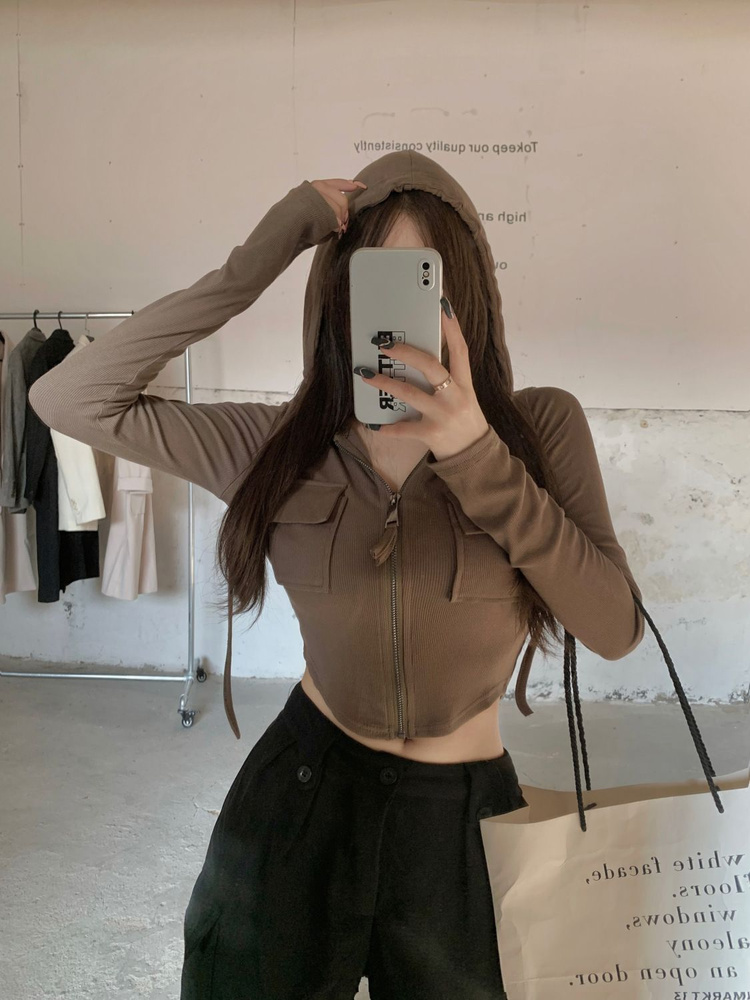 Топ Женский SYJWY коричневый, размер 46 Полиэстер Длинный Повседневный Китай Молния Логотип ...