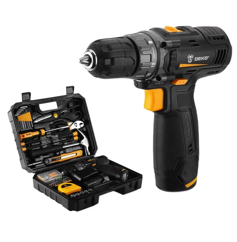 Дрель-шуруповерт DEKO аккумуляторная GCD12DU3 063-4133 12В 2х1,5Ач + набор 104 инструмента, От ...
