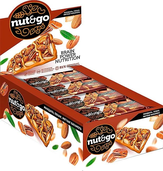 Nut&Go, батончик с миндалём, пеканом, карамелью, морской солью, упаковка 18 штук по 36 грамм ...