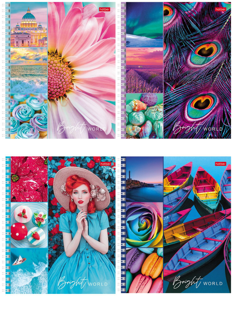 Набор тетрадей Hatber 80 листов, формата А5, в клетку, на гребне, 65 г/кв. м, 4 штуки/4 дизайна ...