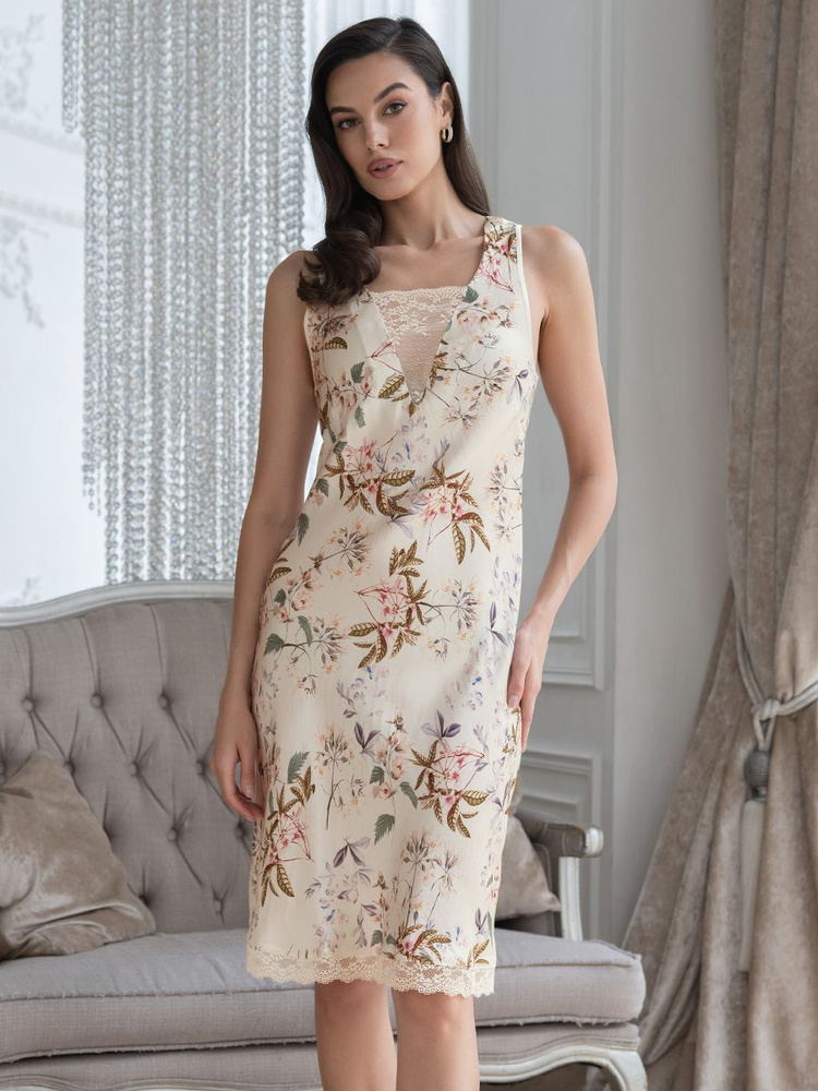 Ночная сорочка Женский Mia-Amore Шелк, размер 44 Цветочный кремовый Бретельки Китай Кружево Без ...