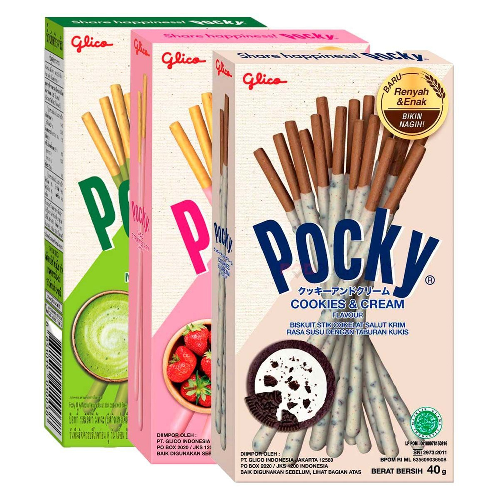 Бисквитные палочки Glico Pocky - микс 3 вкуса (клубника, печенье и крем, молочный зелёный чай ...
