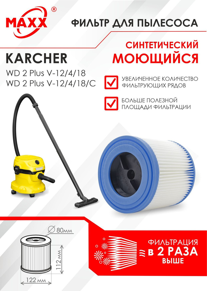 Патронный фильтр PRO синтетический, моющийся для пылесоса Karcher WD 2 ...