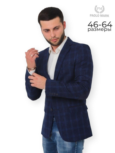 Пиджак Мужской PAOLO MARK синий, светло-синий, размер 56 Полиамид, Шерсть Карманы ...