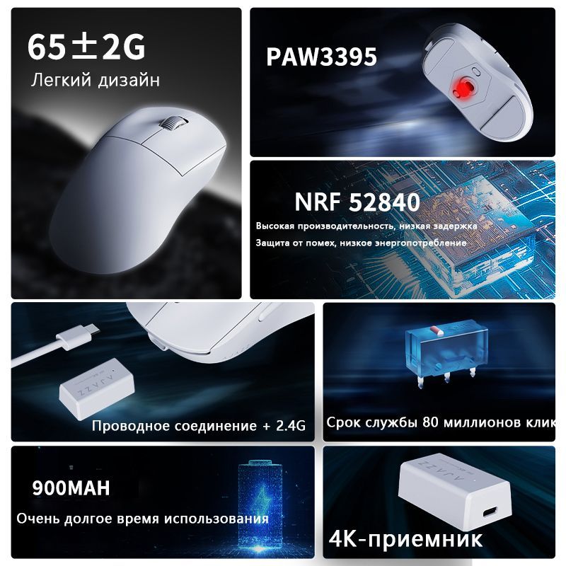 Мышь беспроводная Ajazz AJ199 4K, PAW.3395, чип NRF52840, черный ...