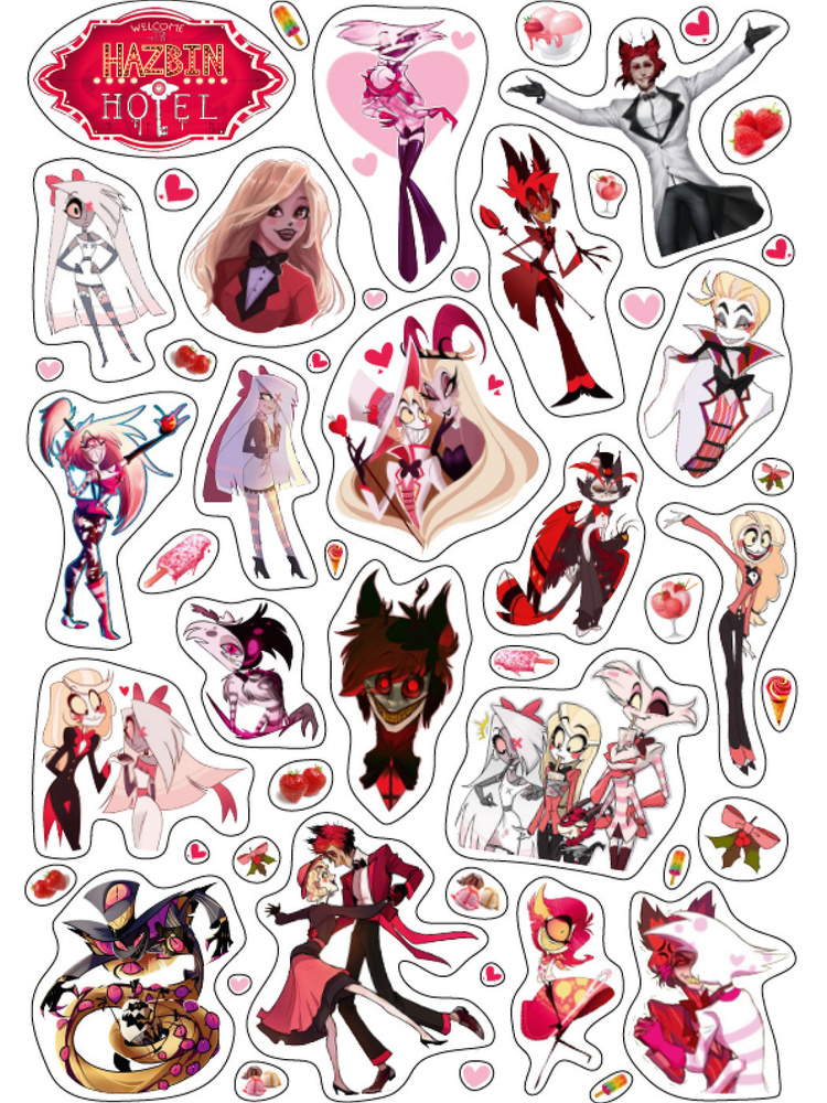 Виниловые наклейки стикеры по мультсериалу Отель Хазбин Hazbin Hotel на листе формата А4