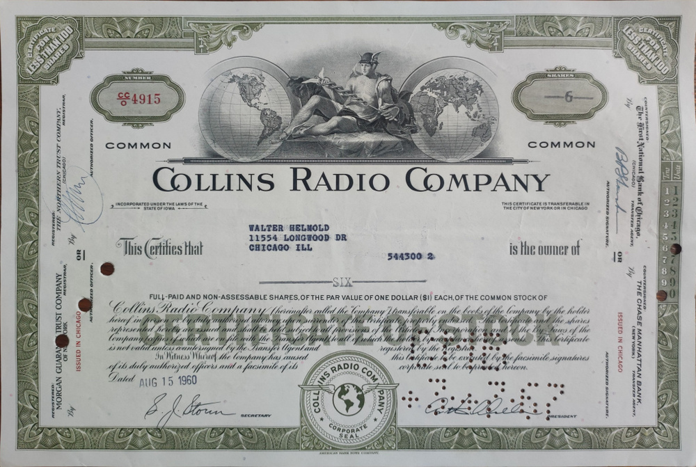 Collins Radio Company. Сертификат на 6 Акций в 1 доллар каждая. 1960 г ...