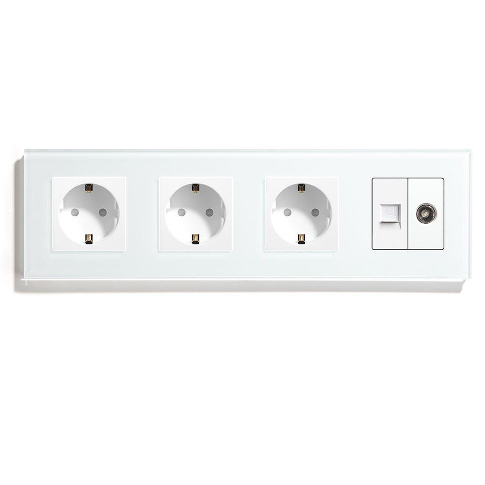Розетка электрическая 4 поста 220В 16А+RJ45 ТВ-Компьютер Стекло Рамка ...