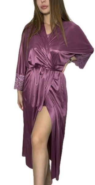 Халат Женский AVALS Домашний Кружево сиреневый Пояс Полиэстер, размер 50 Три четверти Россия ...