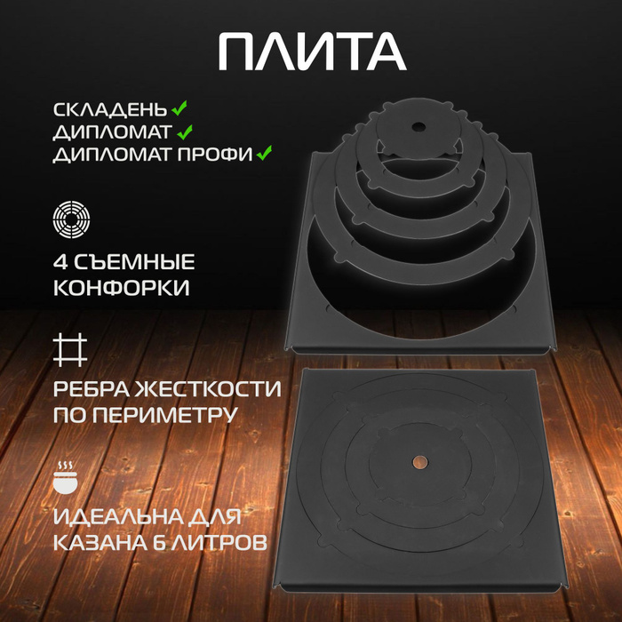 Плита под казан с кольцами для мангала KOLUNDROV 31х31 см, из стали 1,5 ...