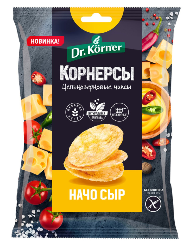 Чипсы цельнозерновые кукурузно-рисовые DR. KORNER, с сыром начо, 50 гр ...