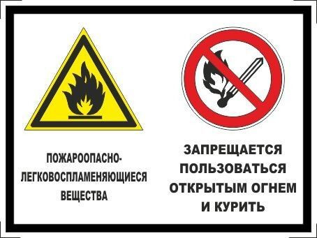 Табличка "Пожароопасно-легковоспламеняющиеся вещества, запрещается ...
