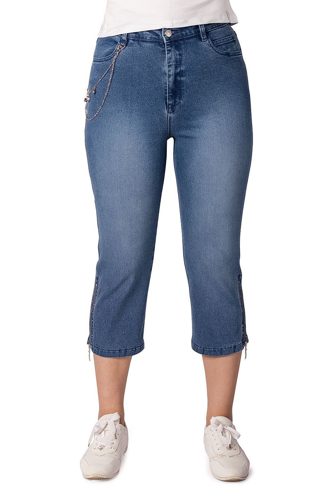 Брюки Женский LAFEI-NIER капри синий Джинс, размер 50, 52 Пуговицы ...