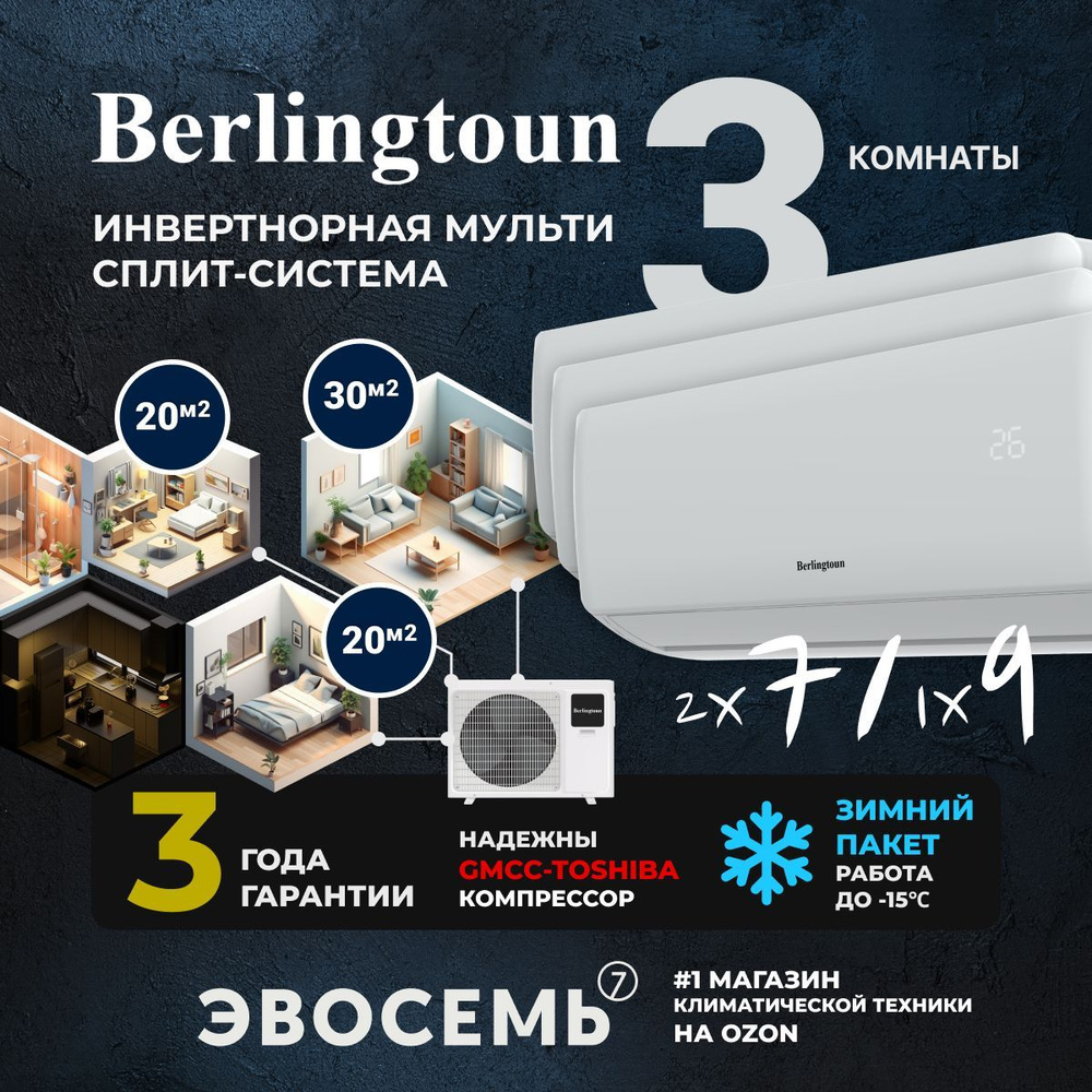 Инверторная мульти сплит-система Berlingtoun на 3 комнаты (20м2x2 ...