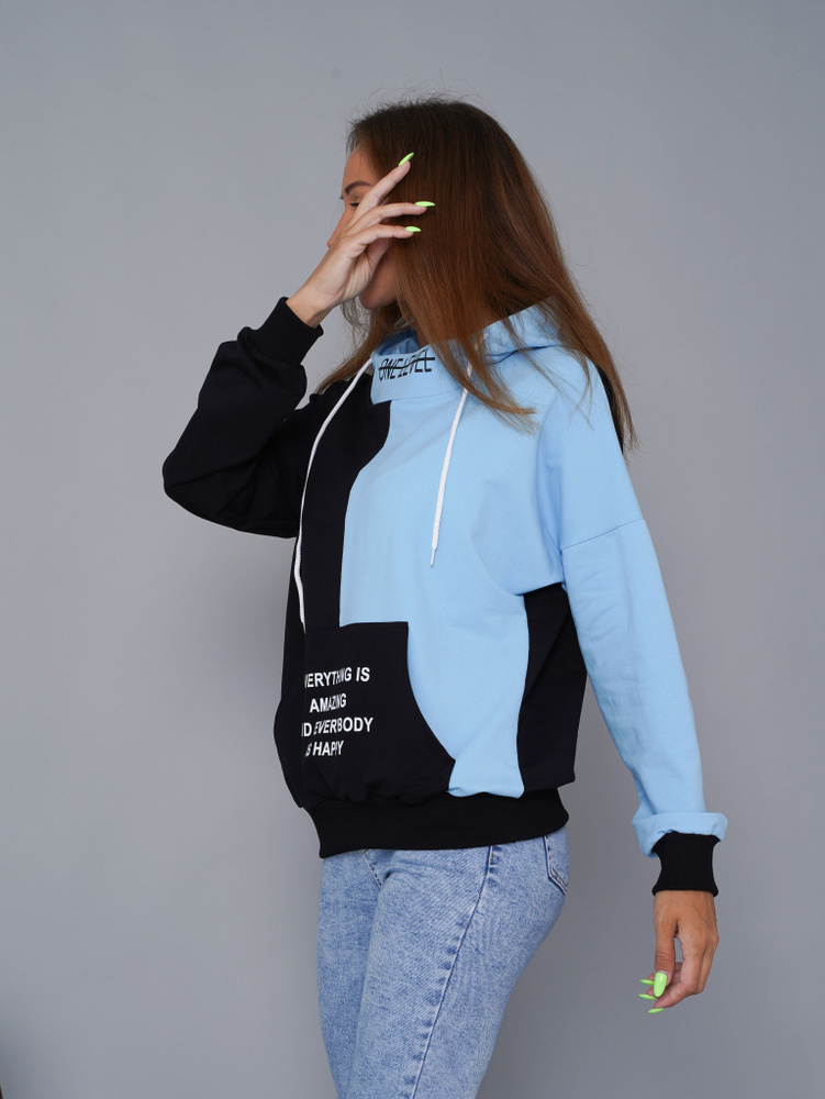 Худи Женский VAVILON ROOM Карманы, Капюшон синий, черный Без застежки большие размеры Хлопок ...