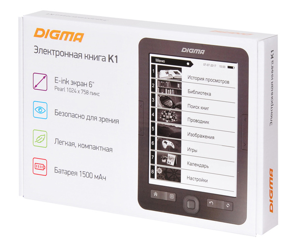 Электронная книга Digma K1G, 6" E-ink HD Pearl, 758x1024, 600MHz, 128Mb, 4Gb, SD, microSDHC E ...