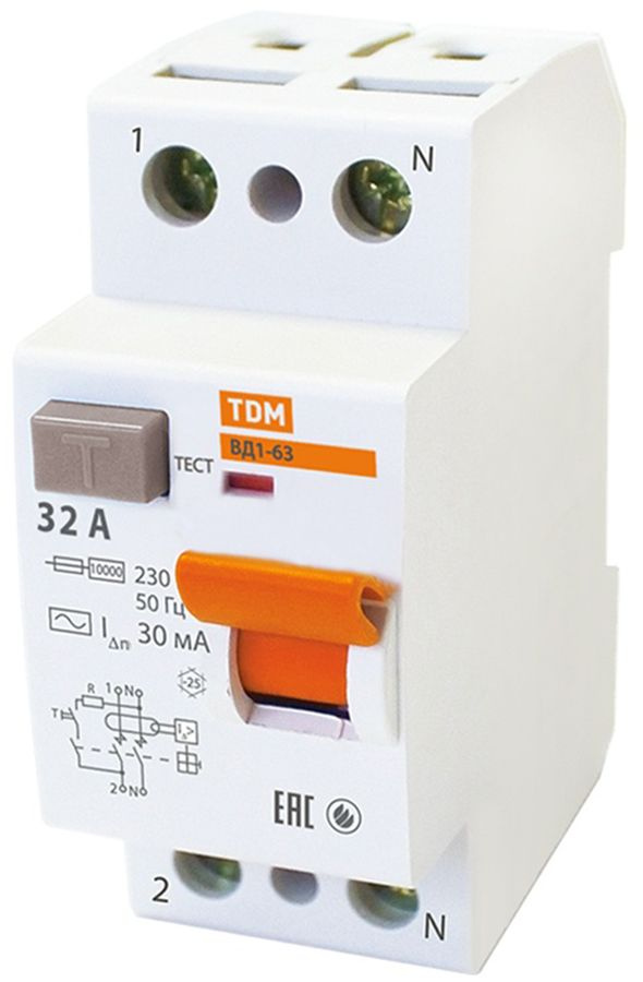 ТДМ Электрик ВД1-63 УЗО 2Р 32А хар-ка АС 30мА / TDM Electric ВД1-63 ...