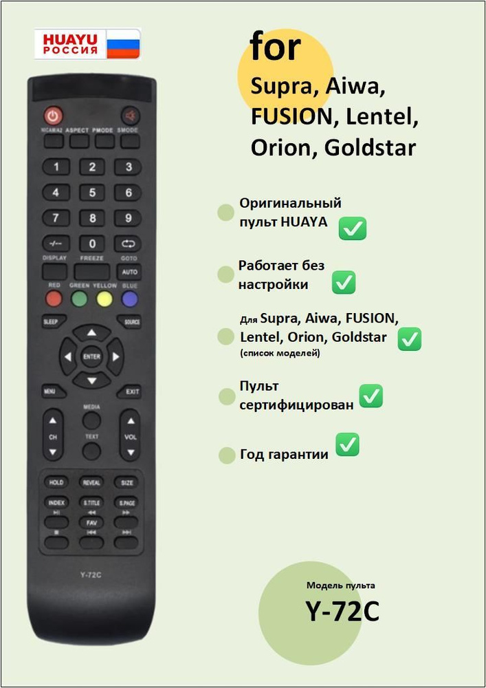 Пульт Y-72C / Y-72C1(Y72C) для телевизора Supra, Aiwa, FUSION, Lentel ...
