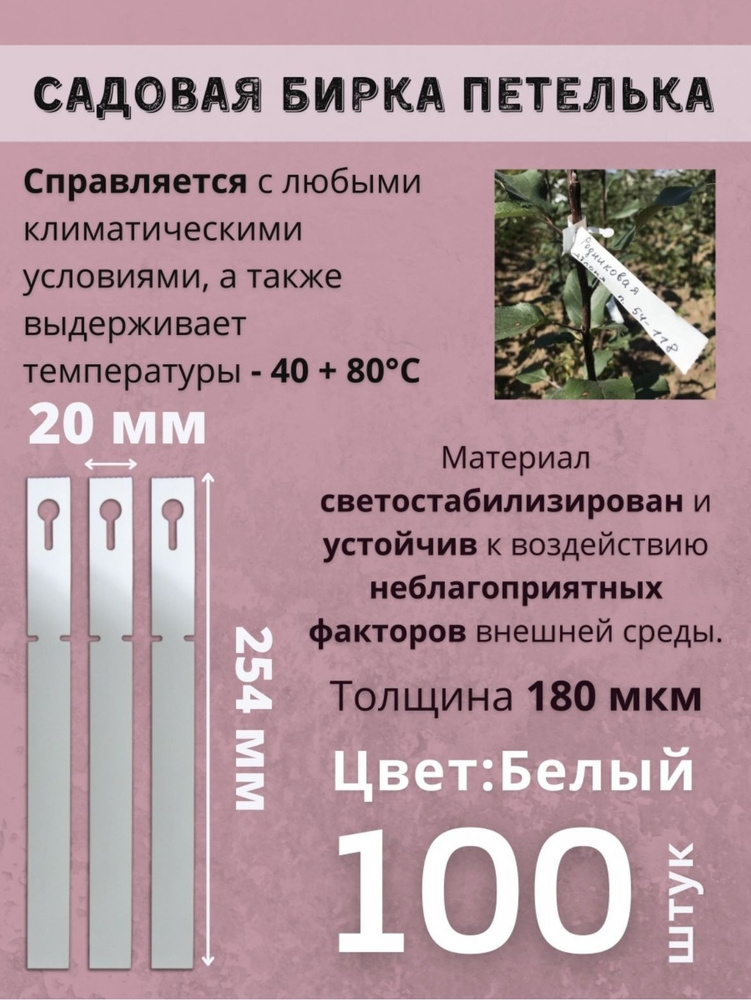 Бирка садовая петелька 20 254 мм 100 шт, белая, табличка для рассады ...