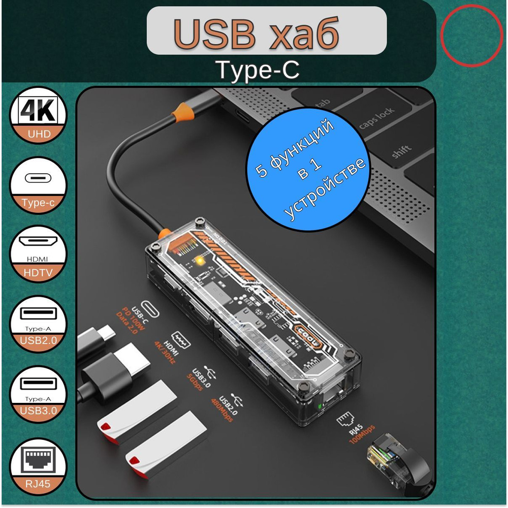 Прозрачный USB HUB 3.0 Type C/ Type-C HUB для MacBook/ USB HDMI / USB Ethernet(RJ45) + PD ...