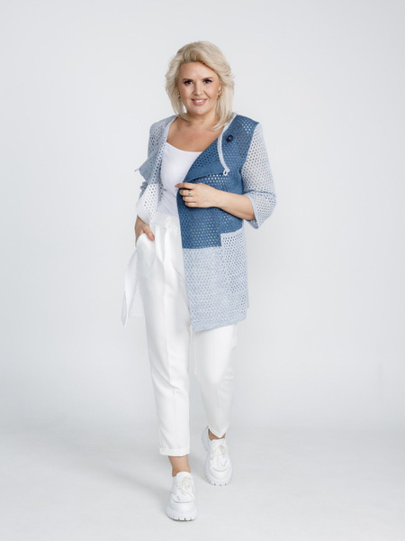 Жакет Женский BONADI синий Текстиль, размер 50 Карманы оверсайз Укороченный Пуговицы Клетка ...