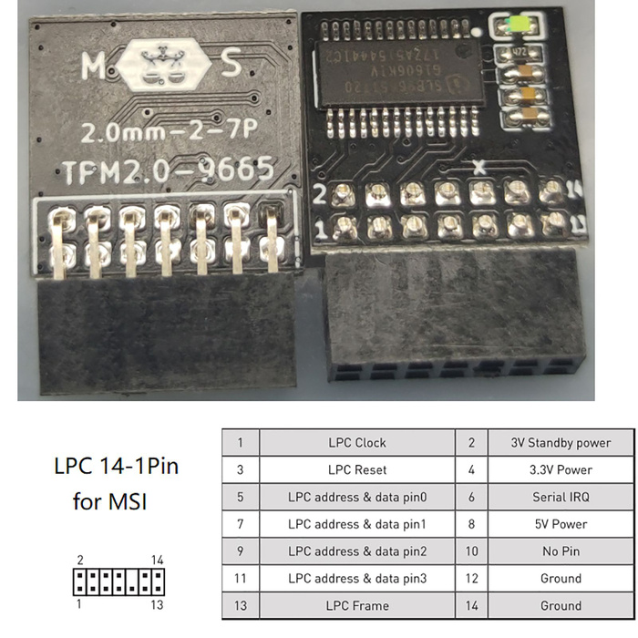 Сменный модуль TPM2.0 Модуль безопасности TPM 14 Pin 2* 7P для MSI B250M Win11 Platform ...