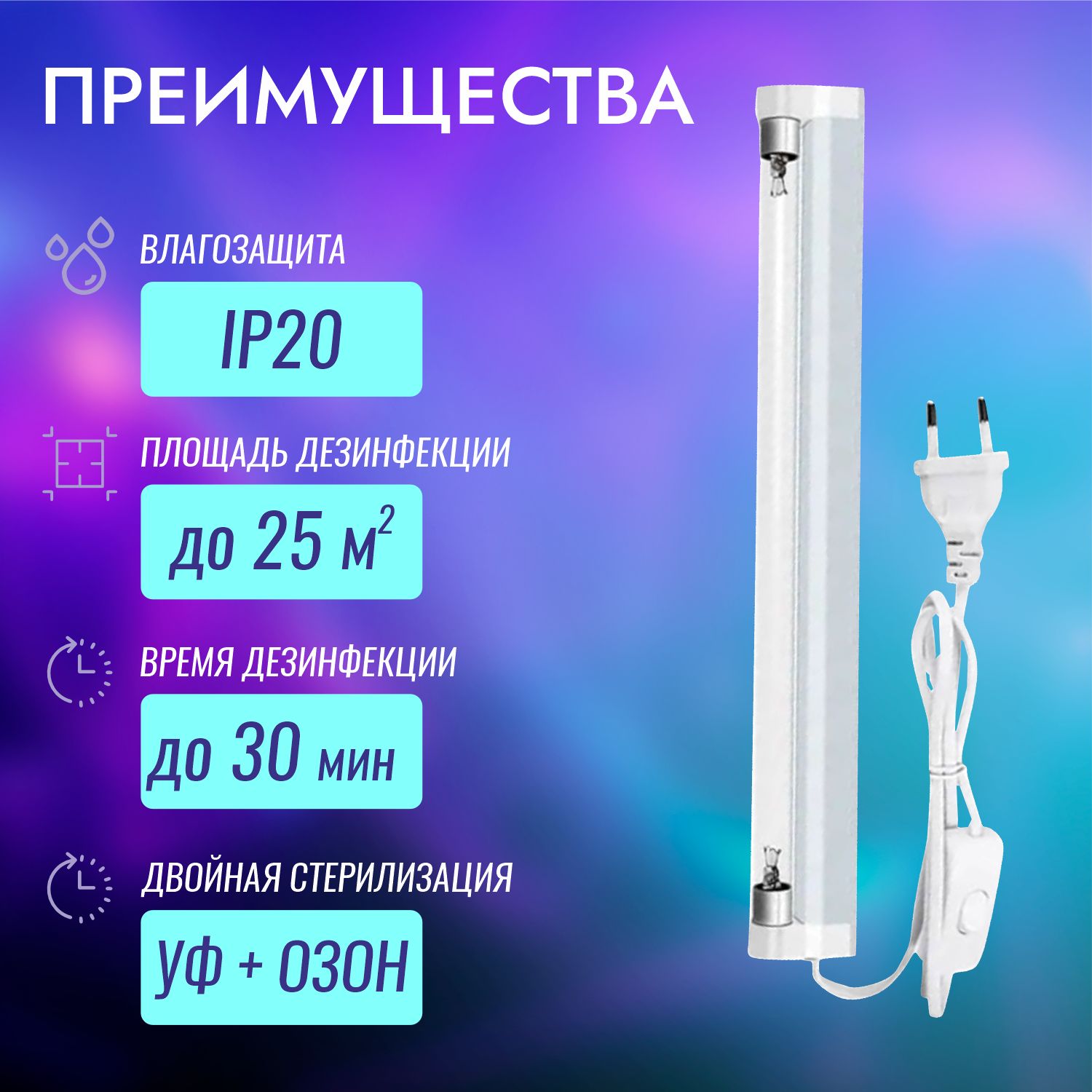Ультрафиолетовая бактерицидная лампа 15Вт УФ + Озон, Кварцевая лампа ...