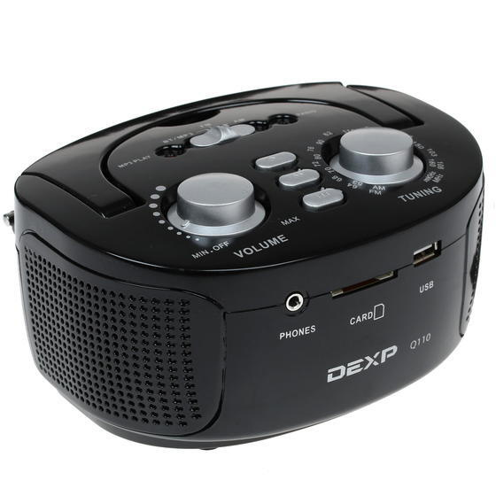 Магнитола стерео компактная DEXP Q110 черный, 6 Вт, FM радио, USB SD Bluetooth, ручка, сеть ...