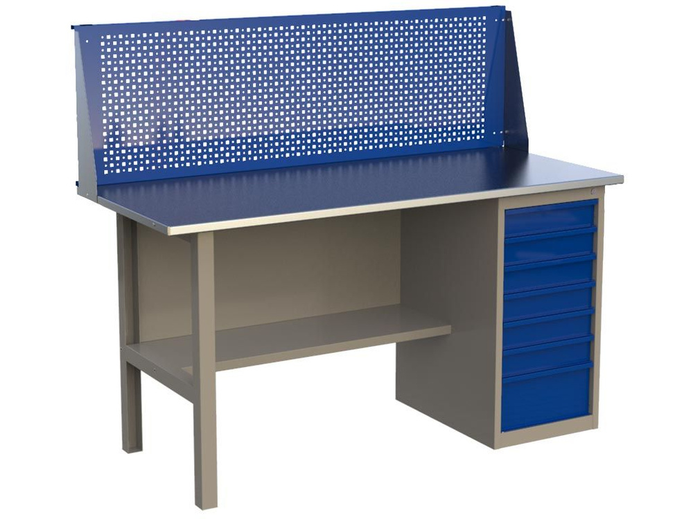 Стол верстак слесарный металлический с экраном и с тумбой с 7-ю ящиками ...