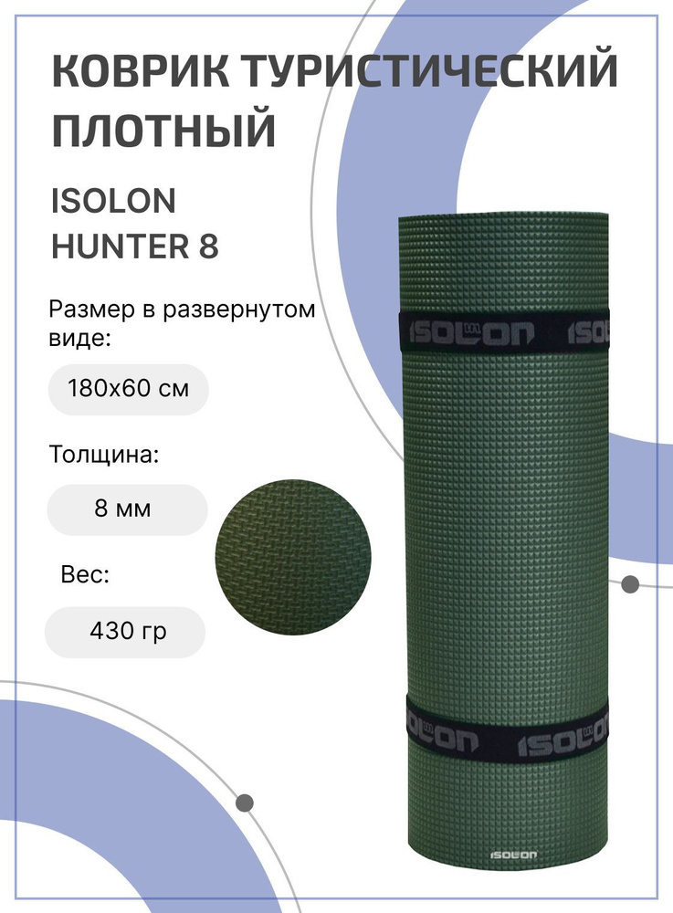 Коврик туристический плотный ISOLON Hunter 8, 180х60 см хаки (каремат походный тактический ...