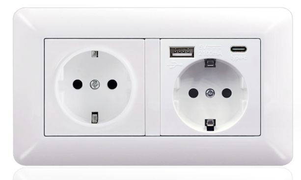 Встраиваемая розетка с USB и Type-c портами белая, двойная с ...