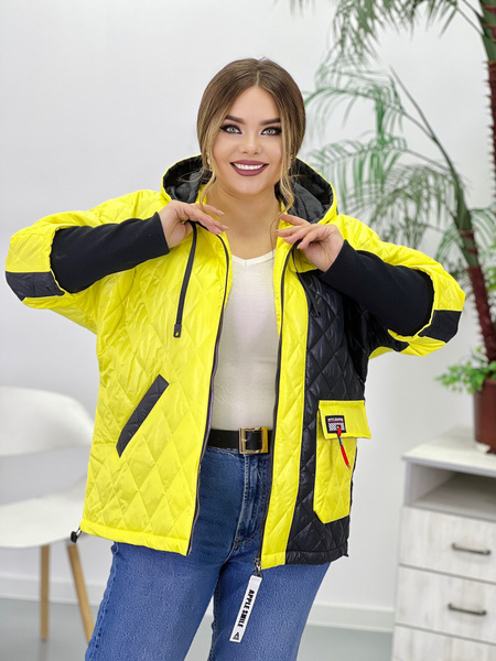 Куртка Женский Jyldyz Капюшон, Карманы желтый Плащевка, размер 58 Демисезон оверсайз Синтепон ...