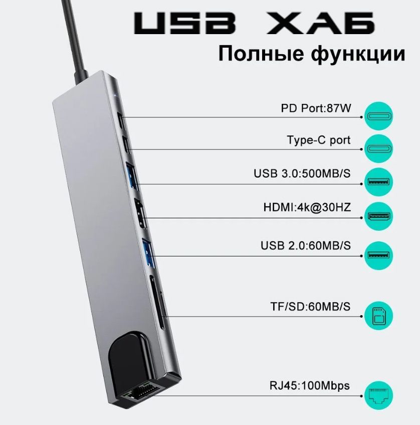 Хаб Usb Type C адаптер переходник Gp Professional 8 в 1 Hdmi 4k Rj45