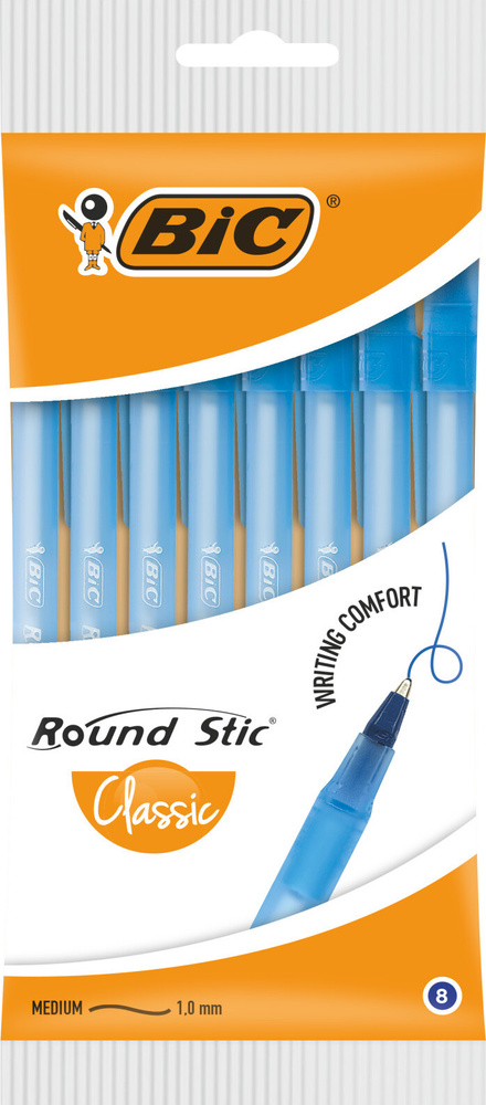 Ручка шариковая, синяя, среднее письмо, BIC Round Stic Classic, уп. 8 ...