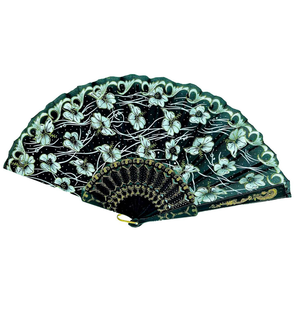 Веер складной с золотыми блестками, черный / Веер на пластиковой основе ...