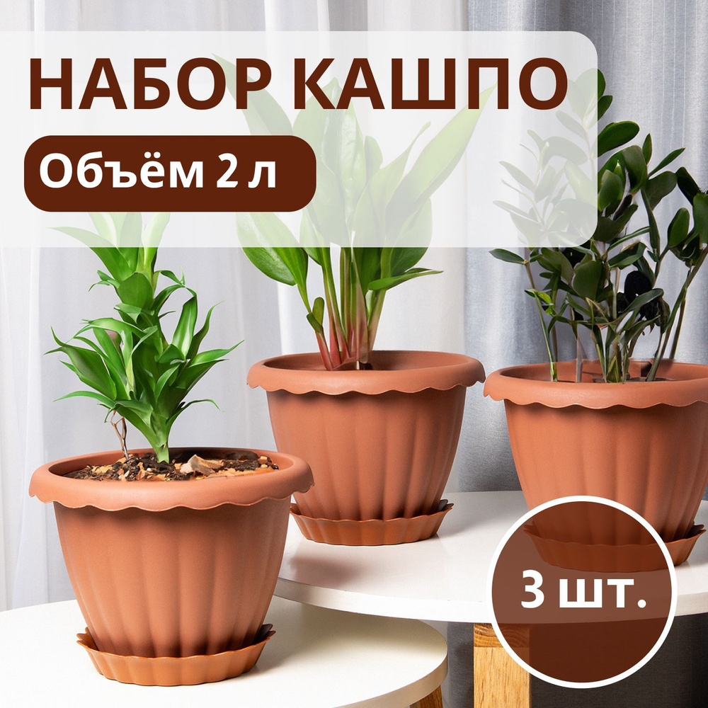 Набор кашпо по 2л с поддоном терракот 3 шт - купить с доставкой по ...