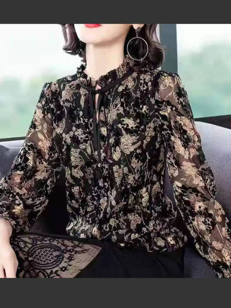 Блузка Женский CHAOPAI черный, коричневый Длинный Орнамент, Цветочный, размер 50 Завязки Китай ...