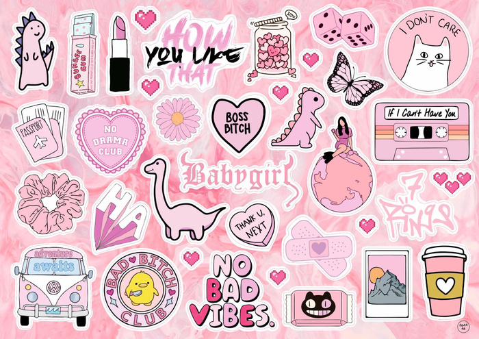 Наклейки "Розовый сет" самоклеящиеся стикеры для декора на тетрадь ...