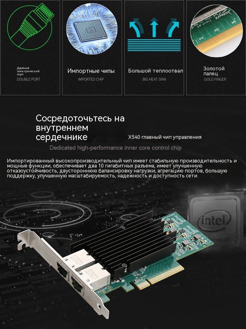 Сетевая карта сетевая карта,Интерфейс 10G*2 RJ45,PCIE 8X,процессор ...