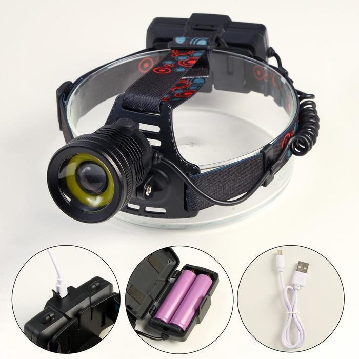 Фонарь налобный аккумуляторный 10 Вт, 2х1200 мАч, USB, T6, COB, zoom ...