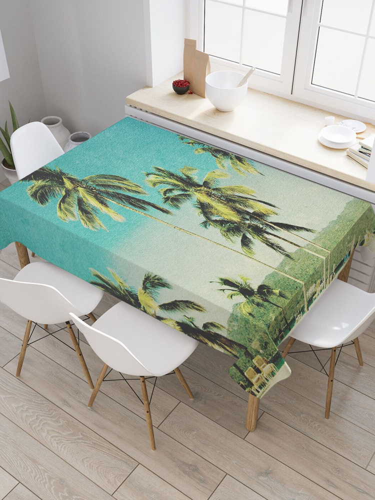 Прямоугольная водоотталкивающая скатерть на стол JoyArty с рисунком "Высокие пальмы на пляже ...