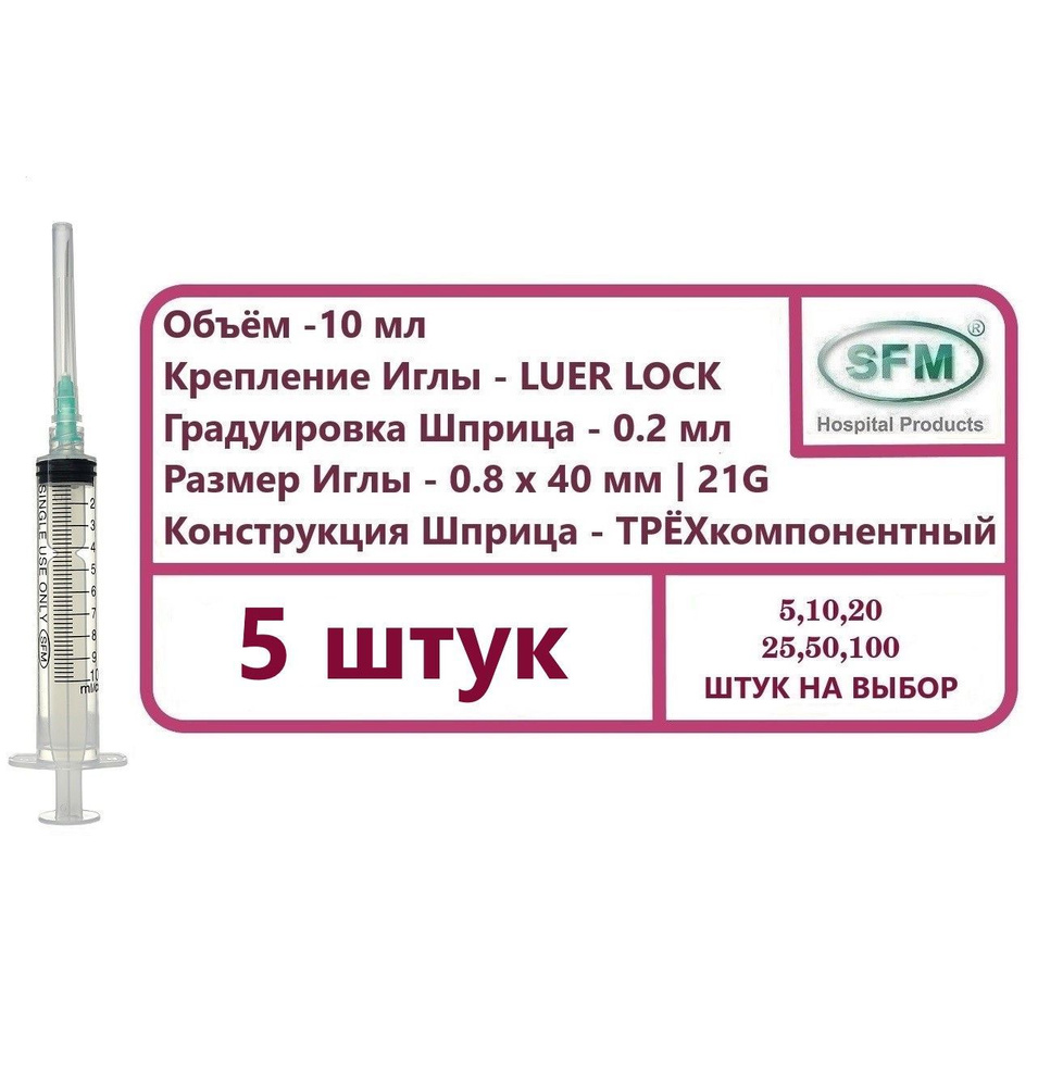 Шприц 10 мл трехкомпонентный, медицинский, для инъекций и уколов, с ...