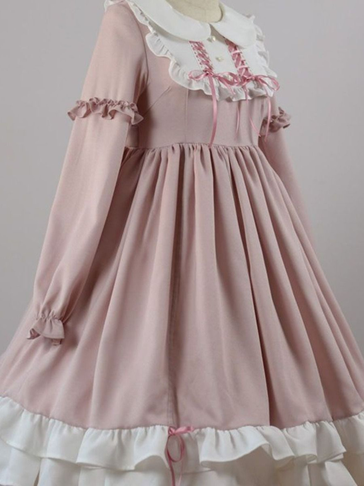 Платье Женский розовый платье-рубашка Длинный Полиэфирное волокно Рюши ...