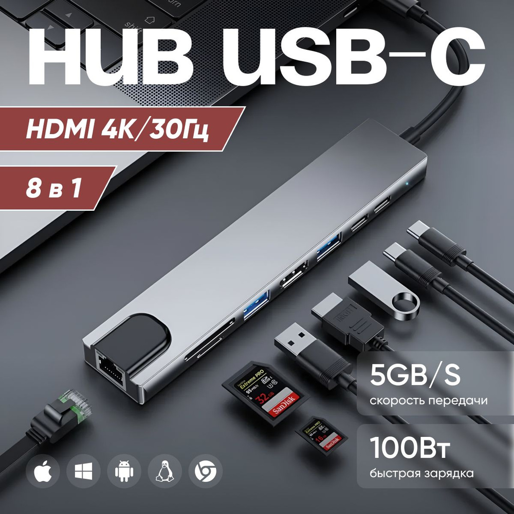 Type C Hub для Macbook Usb разветвитель Hdmi адаптер Rj 45